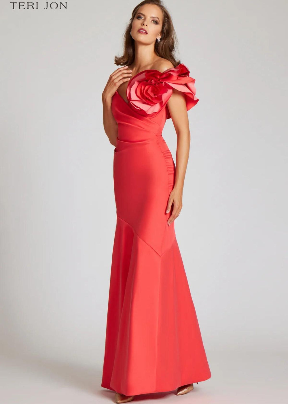 TERI JON Stretch Gazar Off The Shoulder Side Drape Gown - Tangerine